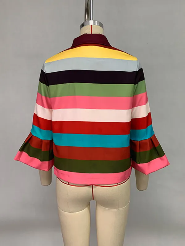 Flared Sleeves Multi-Colored Striped Lapel Jackets Outerwear