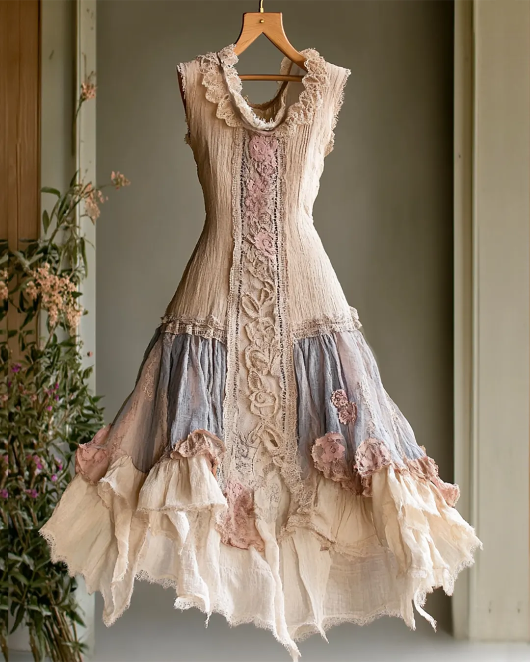 Women's Spring Elegant Flowers Irregular Ruffle Linen Dress 7773