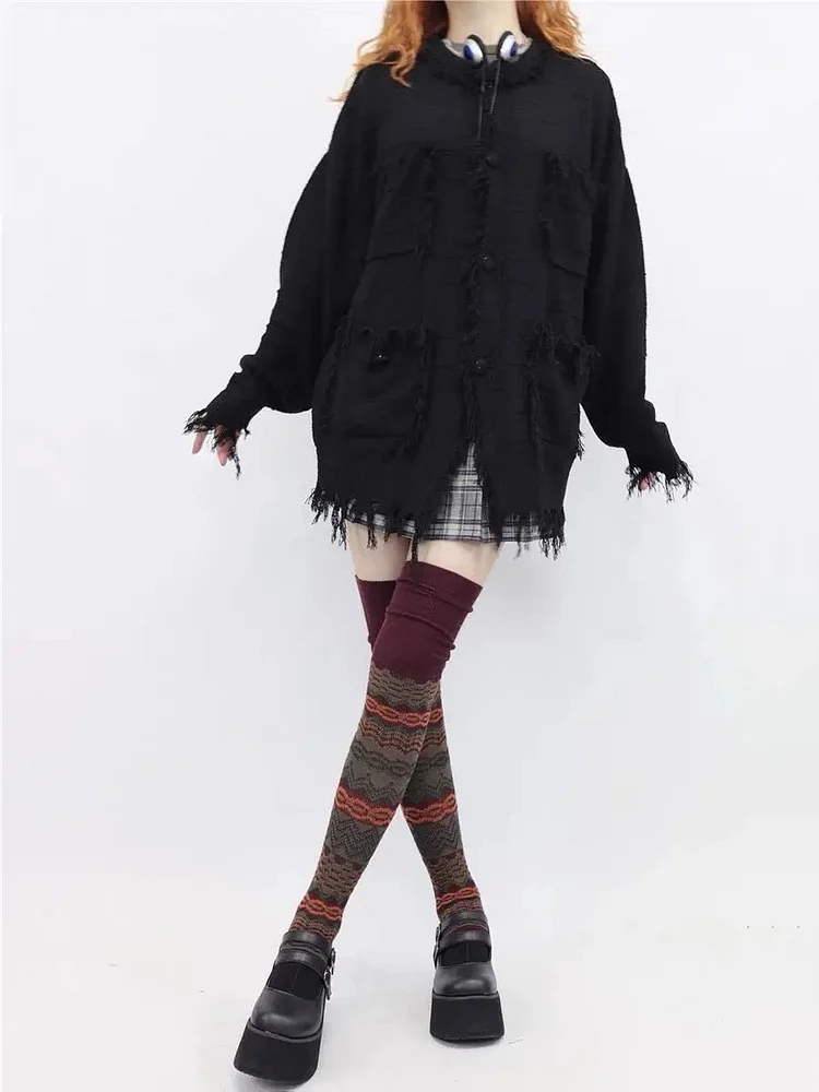 Red Grunge Striped Long Socks