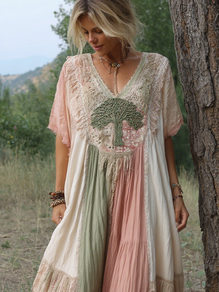 Women's Vintage Tree Of Life Patchwork Linen Dress