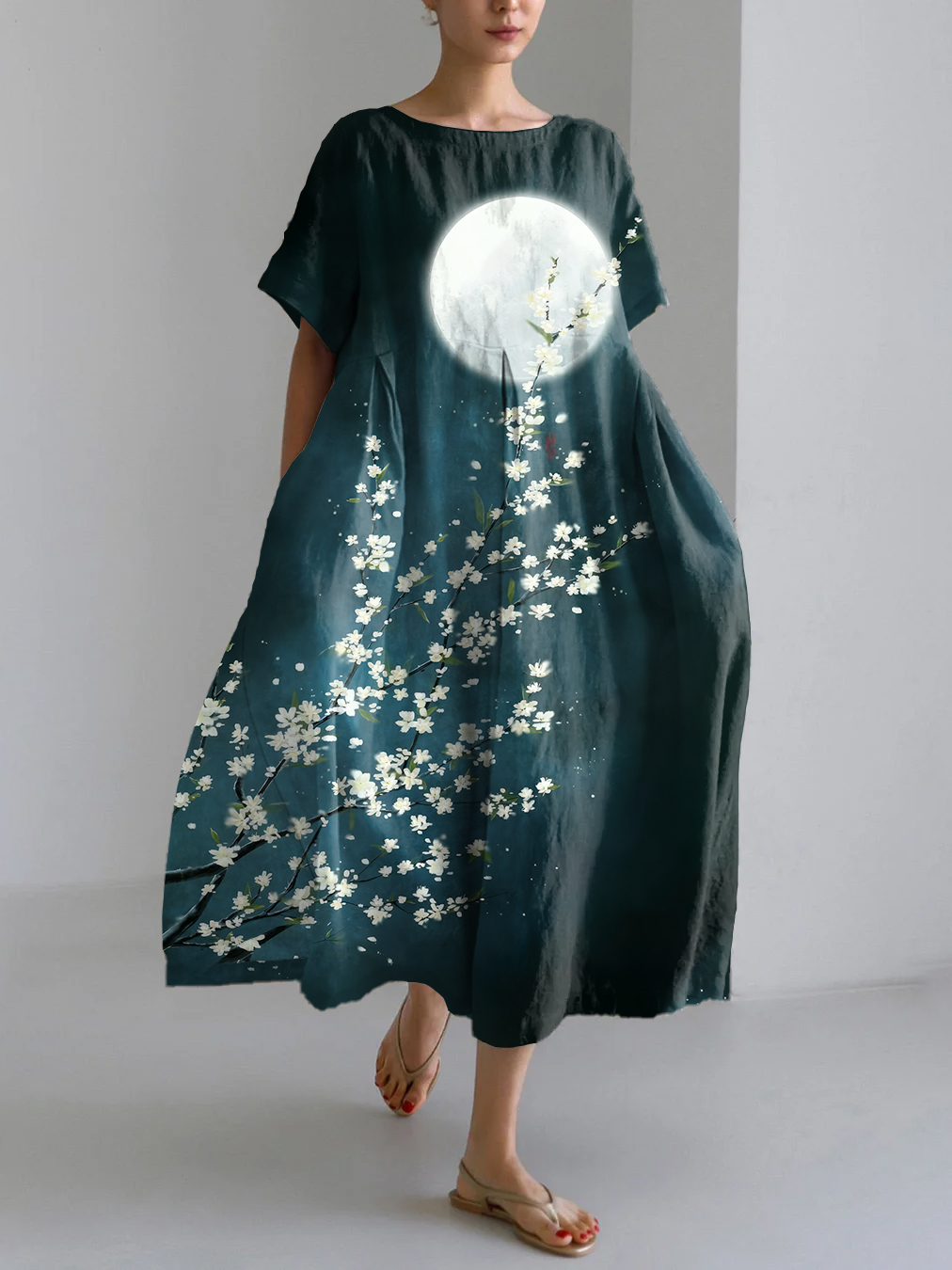 Plum Blossom Moon Japanese Art Print Linen Blend Maxi Dress