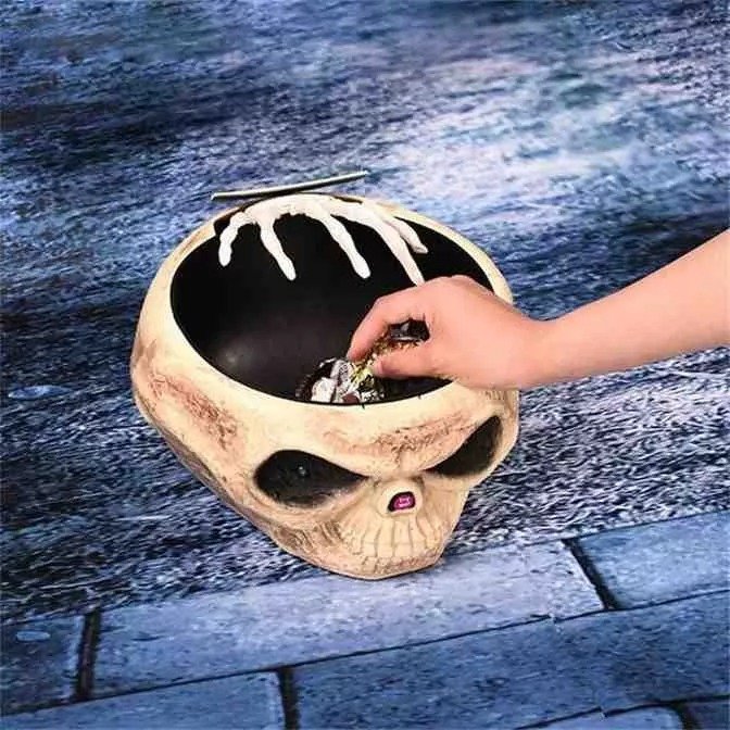 Skull Head Scary Eye Halloween Candy Bowl with Moving Hand