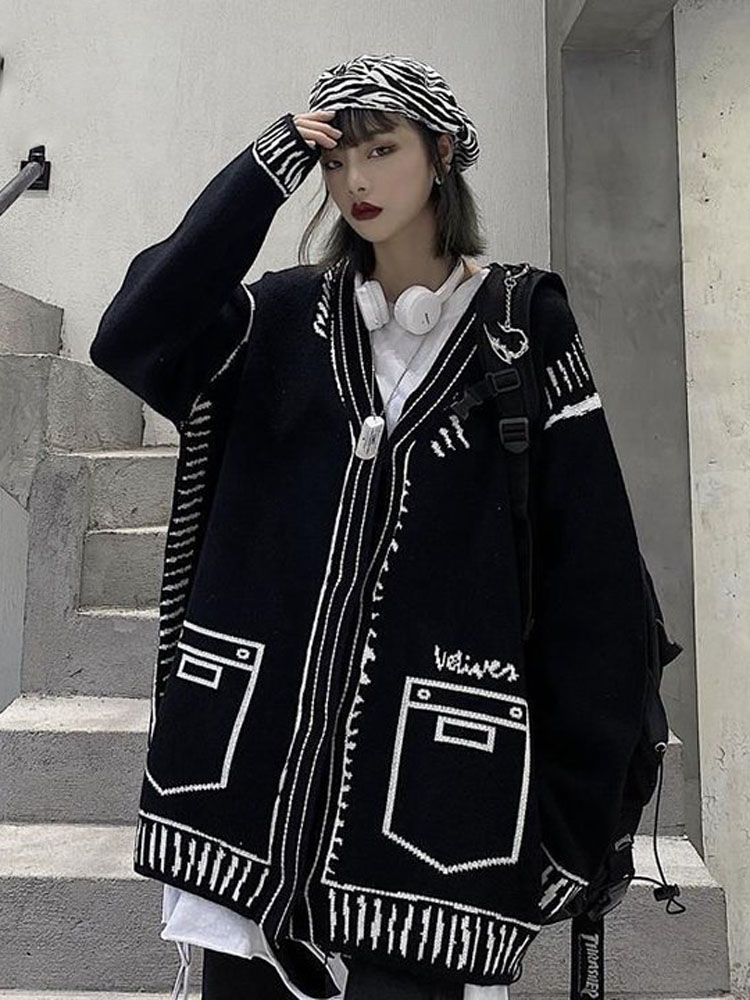 Punk Loose V-neck Graffiti Printed Long Sleeve Cardigan