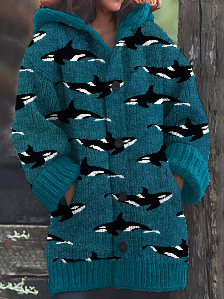 Ocean Whale Pattern Cozy Hooded Cardigan