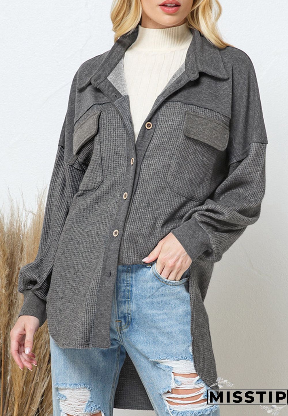 Two Tone Textured Shacket - MissTip