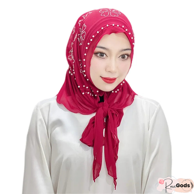 Women's Arabian Polyester Head Wrap Beaded Pattern Elegant Hijabs