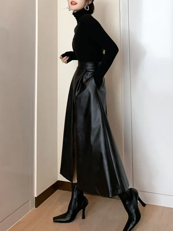 Split-Front A-Line Skirts: Loose Fit in a Solid Color