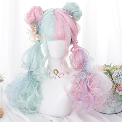 Japanese Harajuku Pink Mint Mixed Princess Wig Kawaii Daily Long Curly ...
