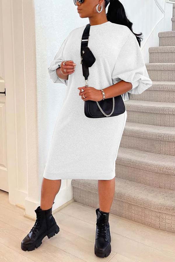 Fashion Solid Color Lantern Sleeve Dress