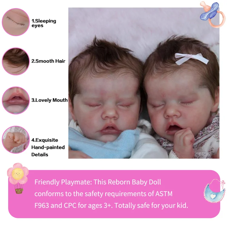 17'' Real Lifelike Twins Boy and Girl Debbie and Deborah Sleeping ...