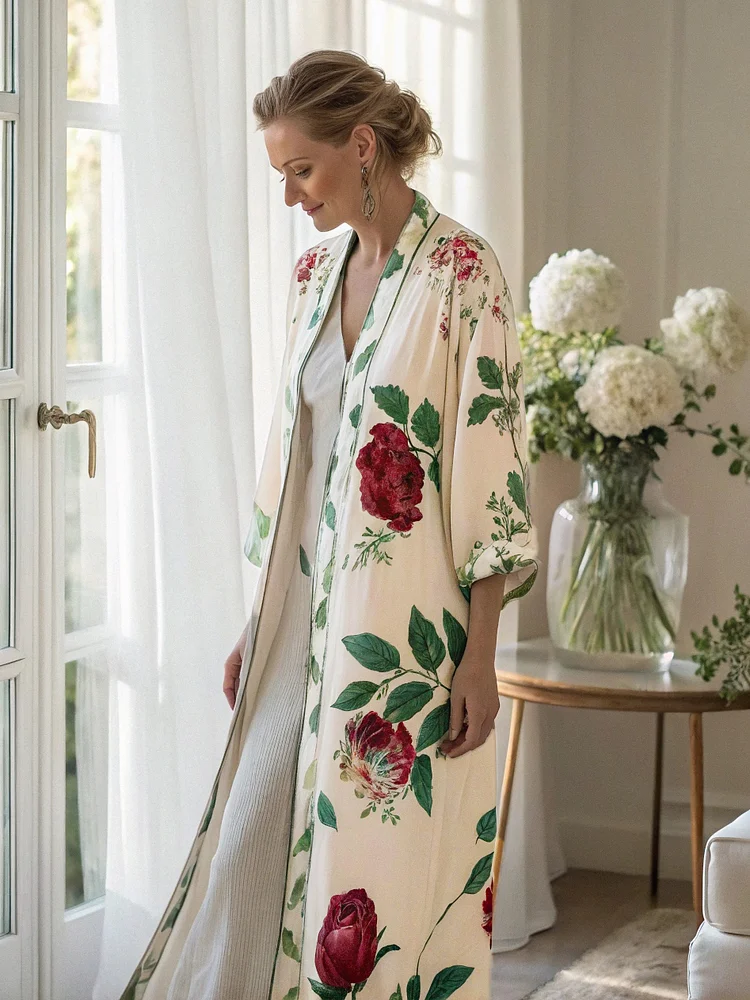 Beige Midnight Rose Cotton Cardigan Robe