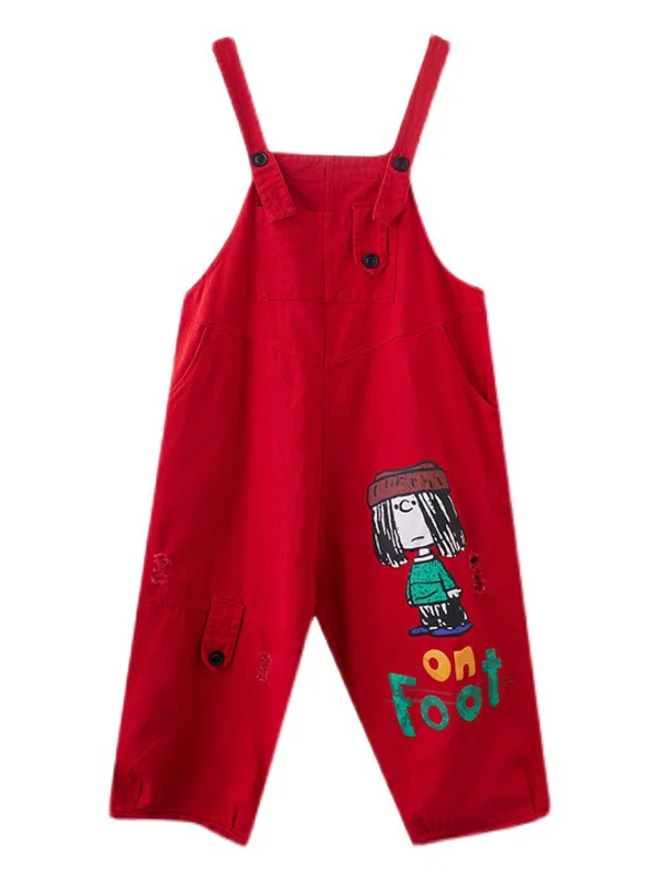 Charming Cartoon-Printed Puff Denim Overalls for a Playful Look