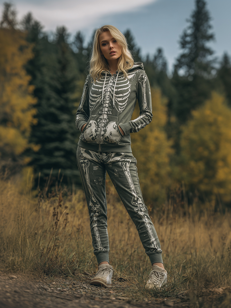 Women's Halloween Skeleton Pattern Two-piece Suit