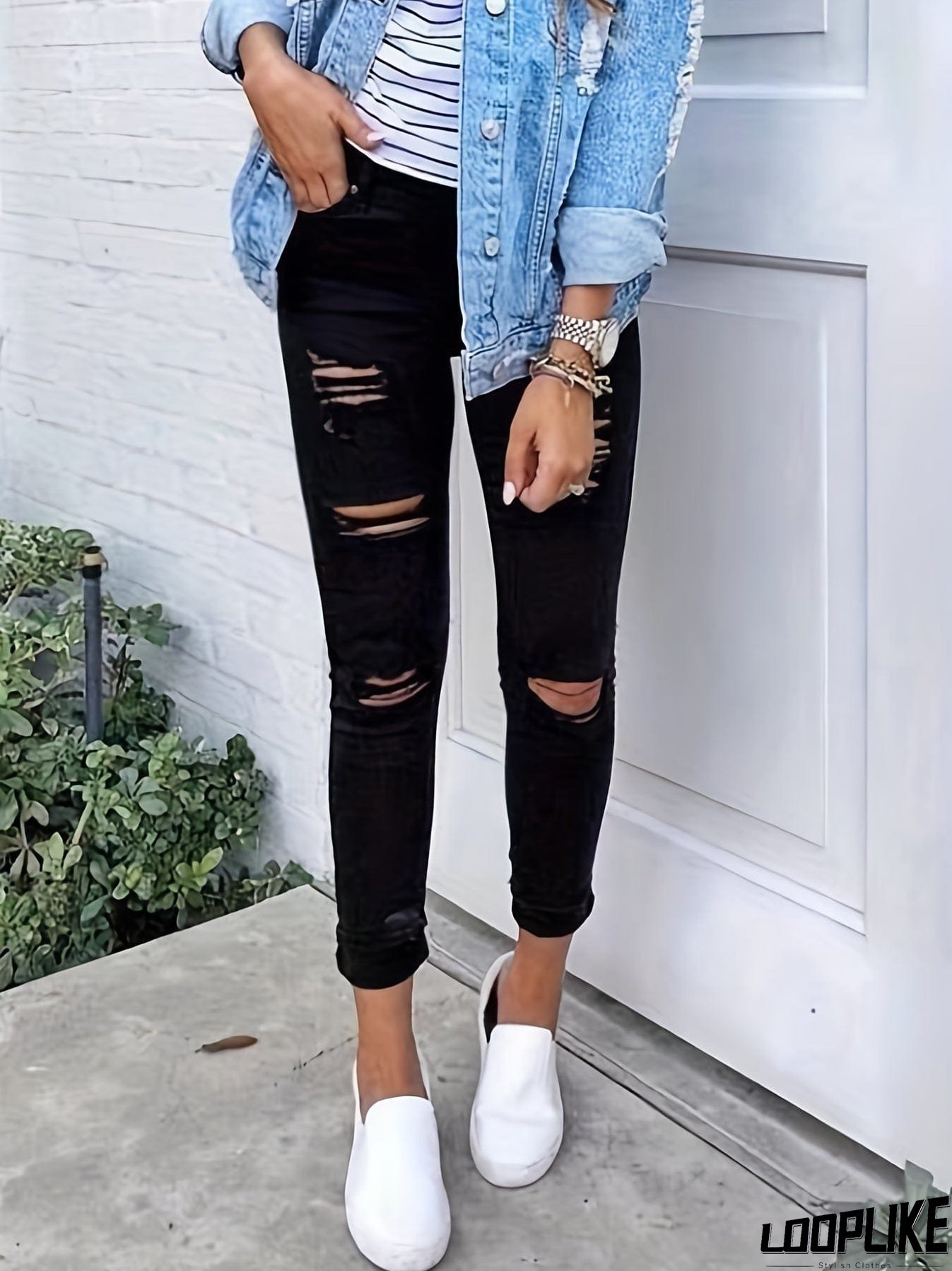 Plain Ripped Skinny Slight-Stretch Casual Denim Jeans - LoopLike