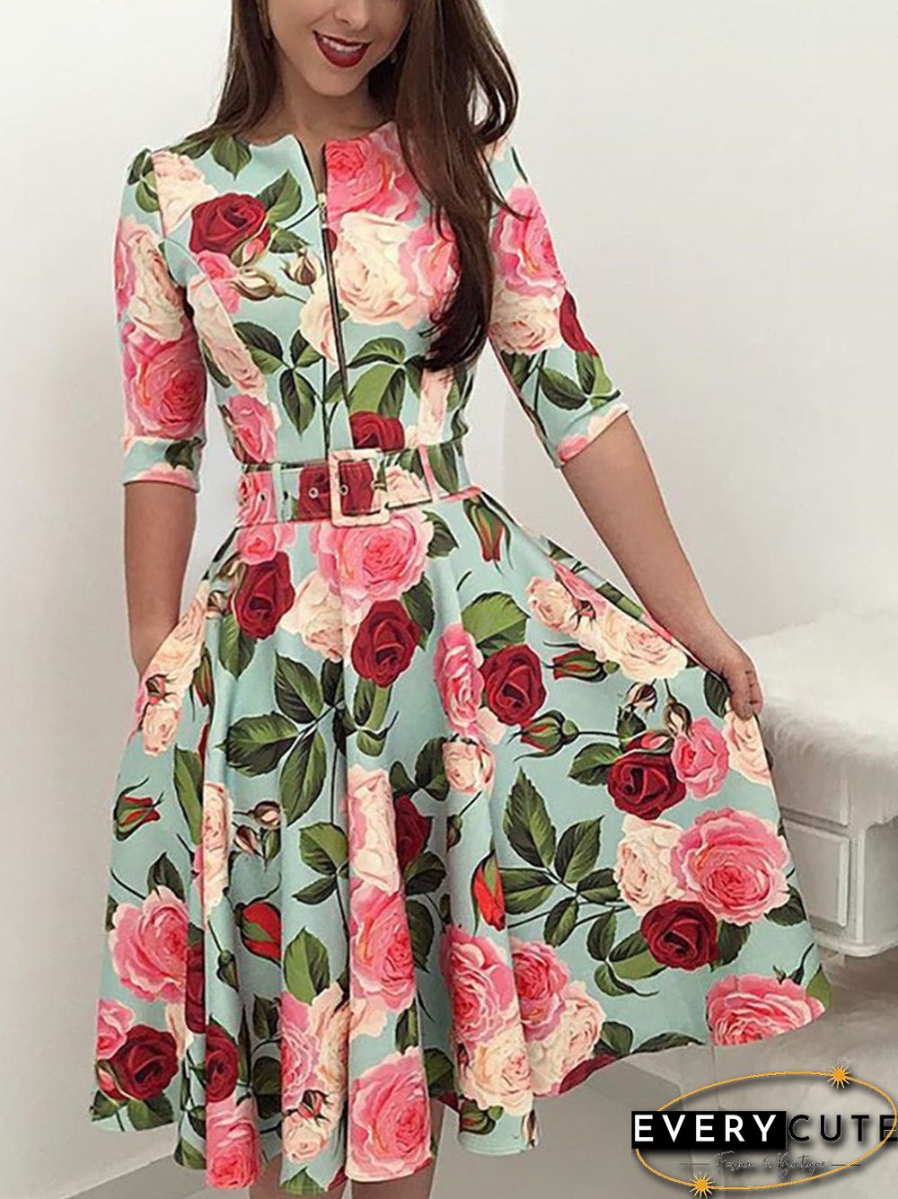 Women'S Dresses Zip Floral Print Half Sleeve Dress