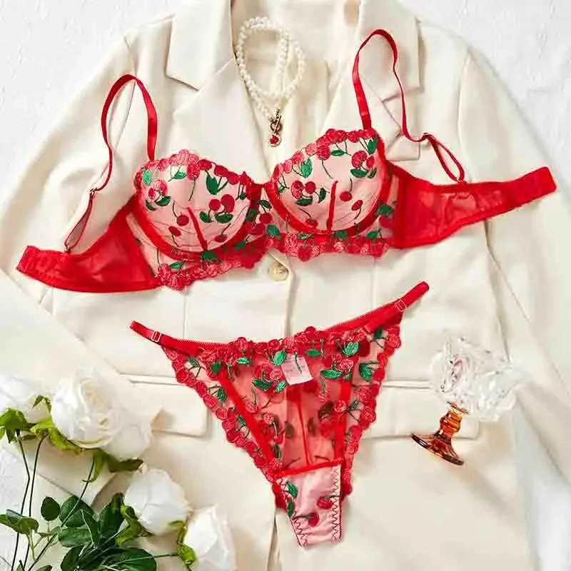 Uveng Red Cherry Embroidery Sheer Lingerie Set