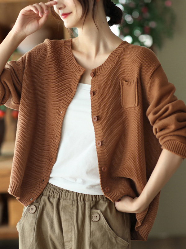 Simple Loose Long Sleeve Buttoned Round-Neck Cardigan Tops
