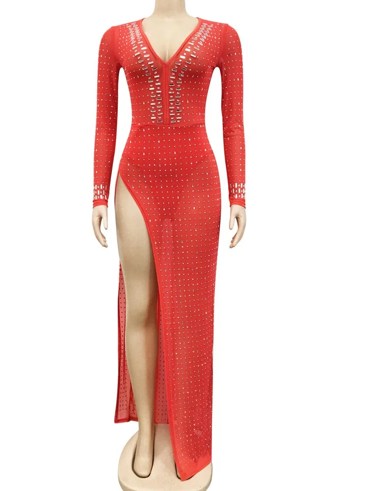 Zingj Sexy Rhinestone Crystal Sheer High Split Maxi Dress Elegant Women