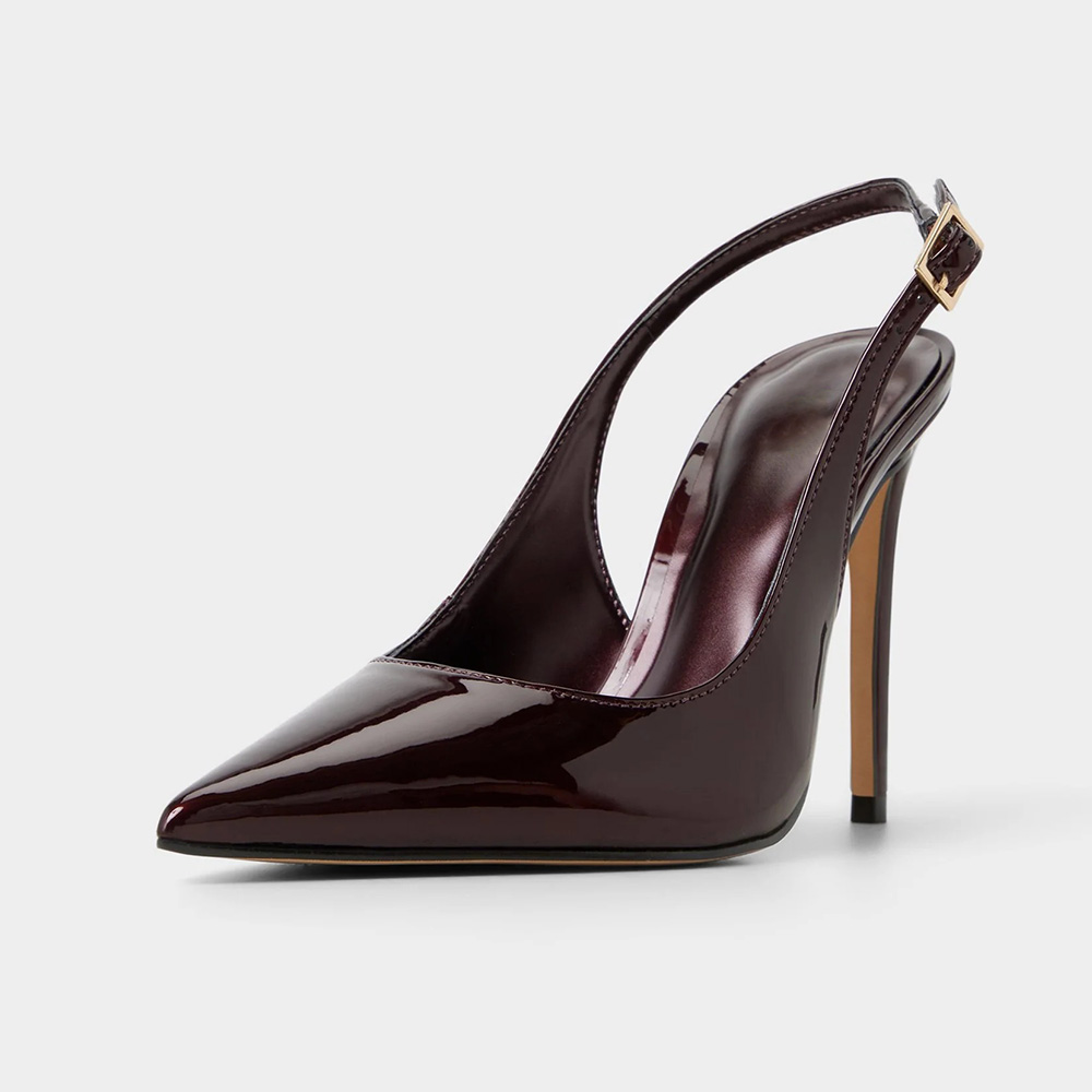 Dark Maroon Patent Leather Stiletto Heel Slingback Pumps with Buckle