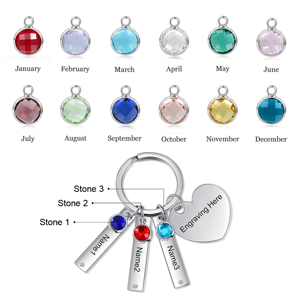 Customized 3 Birthstone Keychain with heart