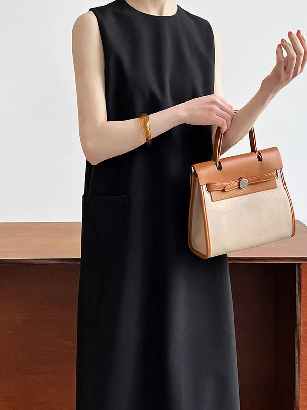 Elegant High-Waisted Midi Dress with Split-Back Design and Pockets"