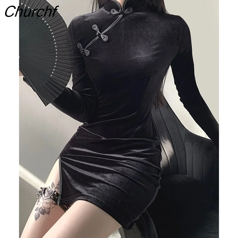 Churchf Vintage Goth Velvet Purple Dress Gothic Bodycon High Waist ...