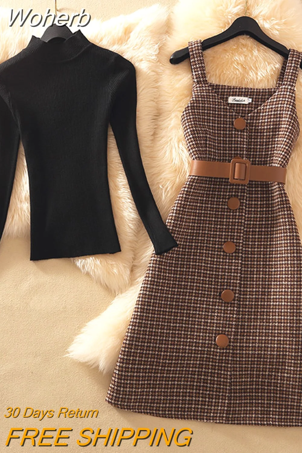 Woherb Piece Dress Set Women Autumn Winter Solid Base Sweater and ...