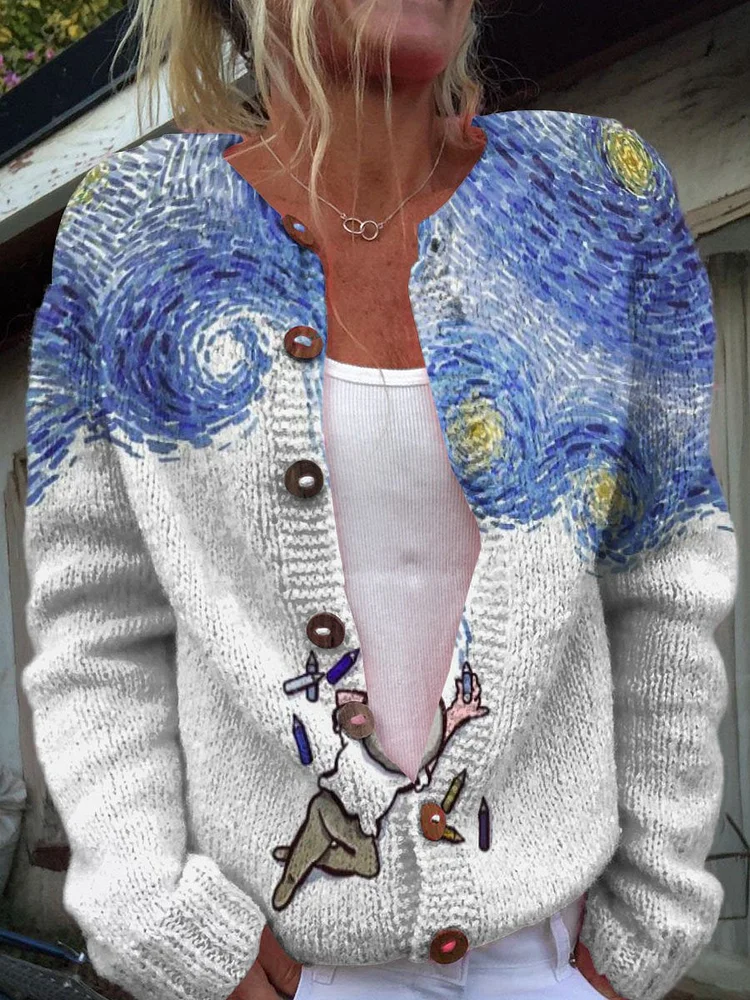 Van Gogh Painting Starry Sky Decorative Pattern Buttoned Cardigan Sweater