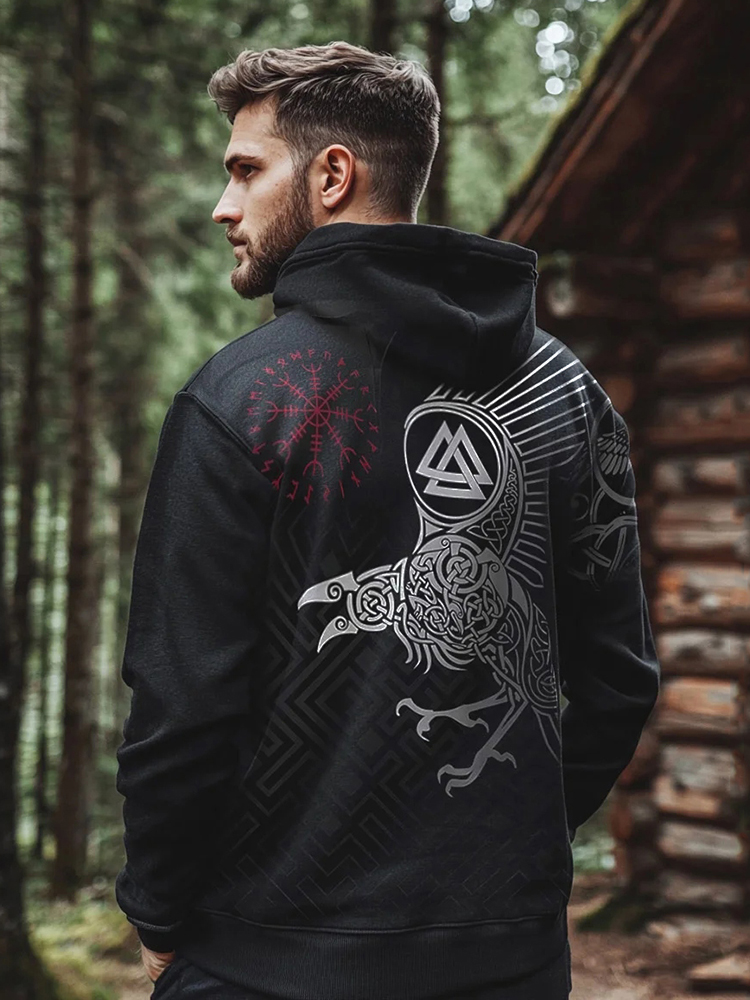 Comstylish Vikings Printed Totem Retro Crow Rune Hoodie