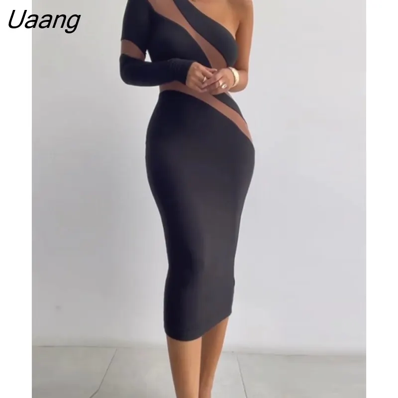 Uaang Women Sheer Mesh One Shoulder Bodycon Dress