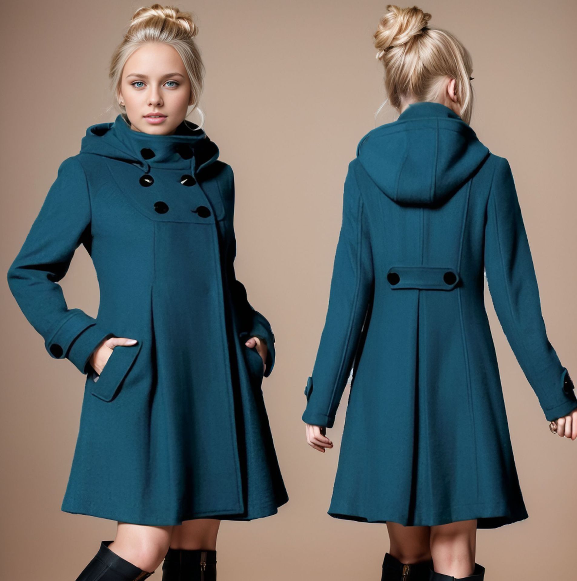 Women's Mid-Length Woollen Hooded Double Breasted Cloak Trench Coat