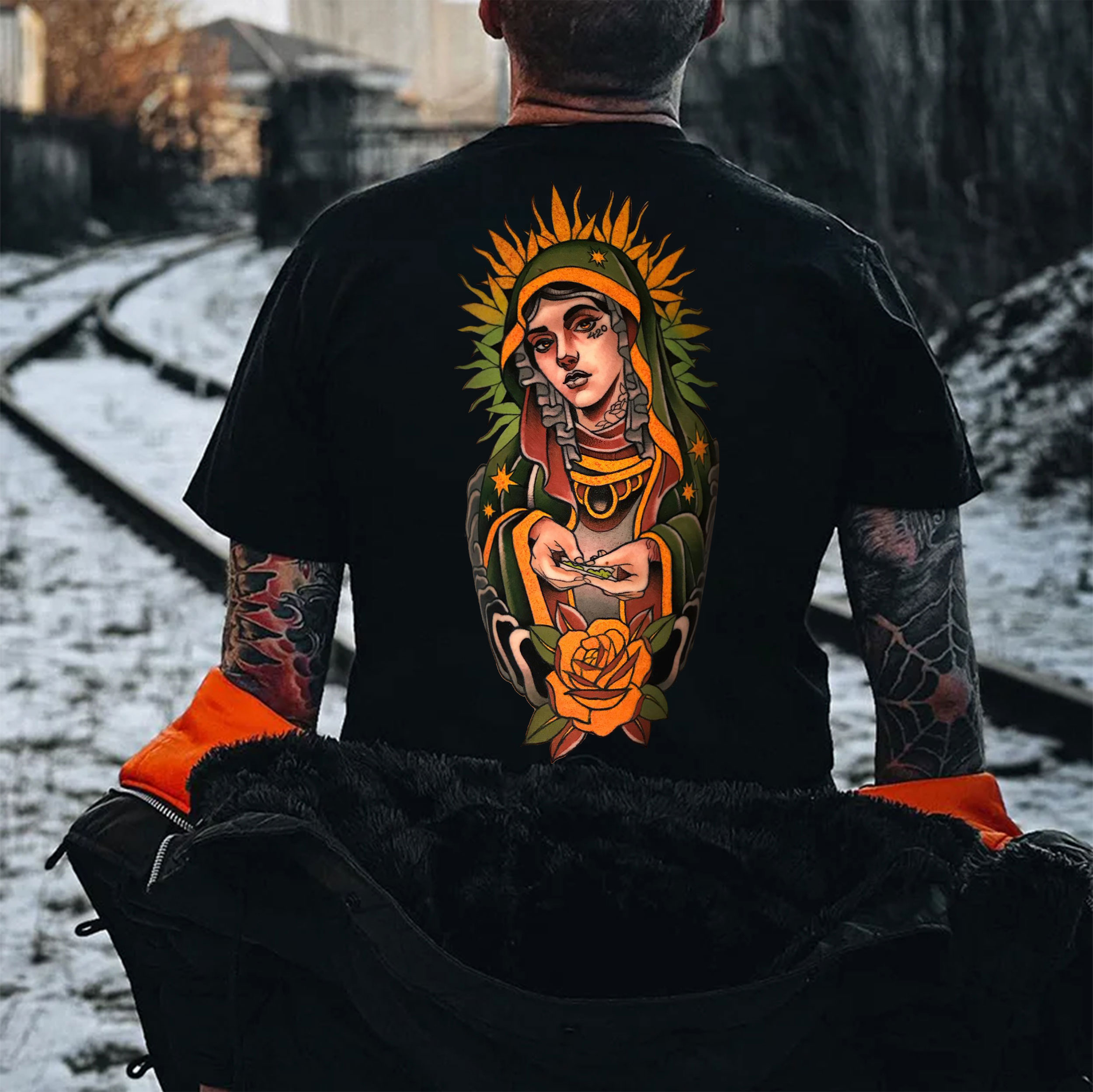 Gothic Nun with Rose Goddess Black Print T-shirt