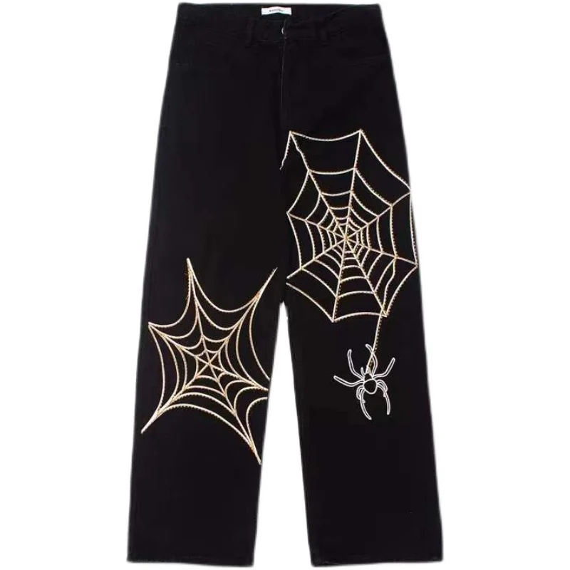 HIGH STREET SPIDER WEB EMBROIDERED WIDE LEG JEANS