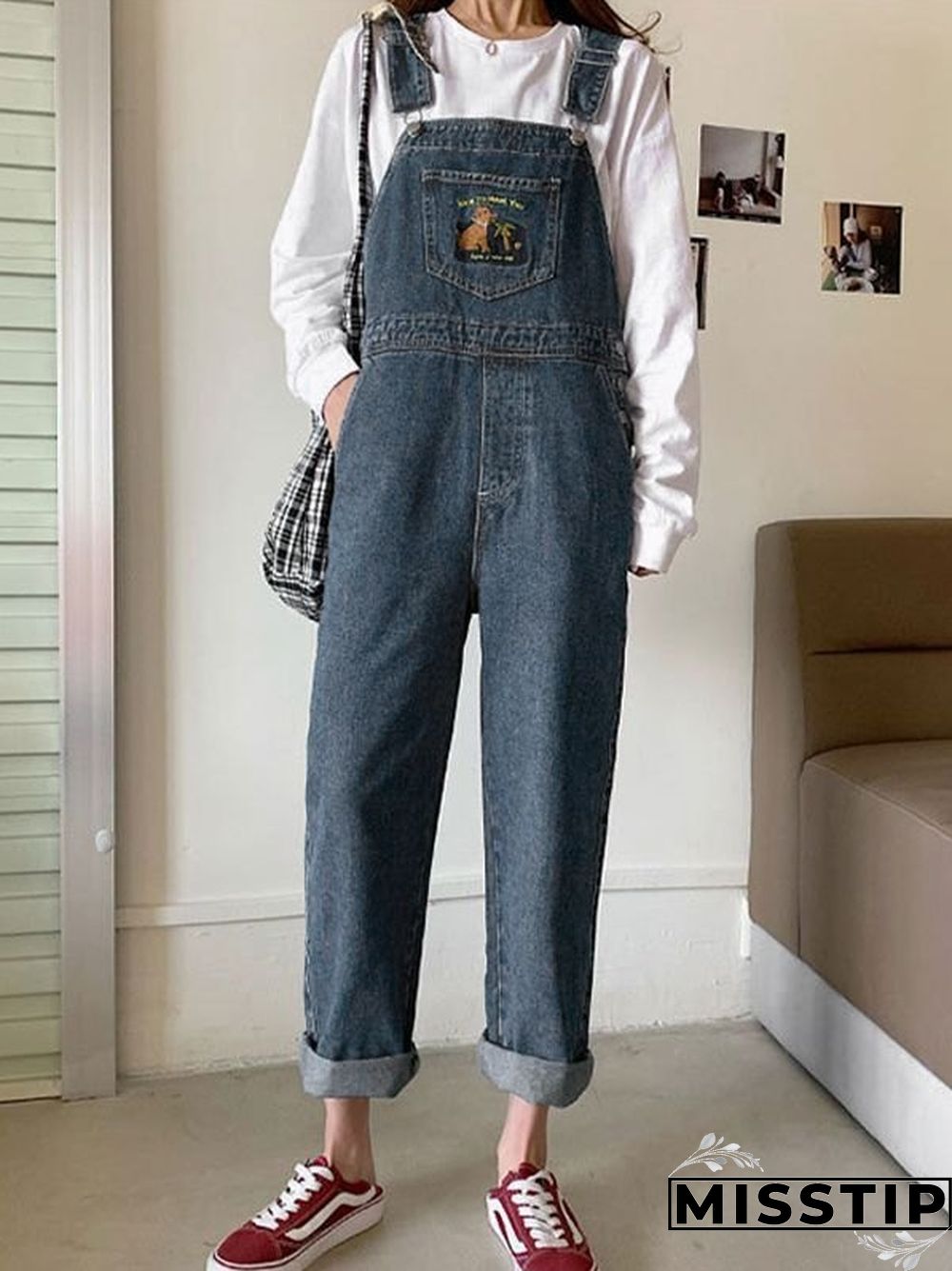Embroidered Pocket Denim Overalls Jeans - MissTip