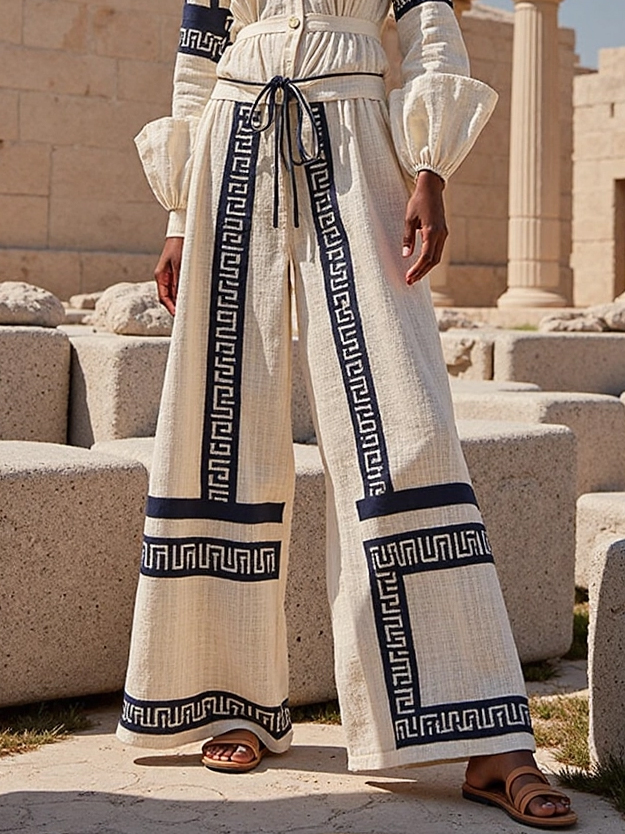 Women's Greek Key Linen Blend Wide Leg Pants