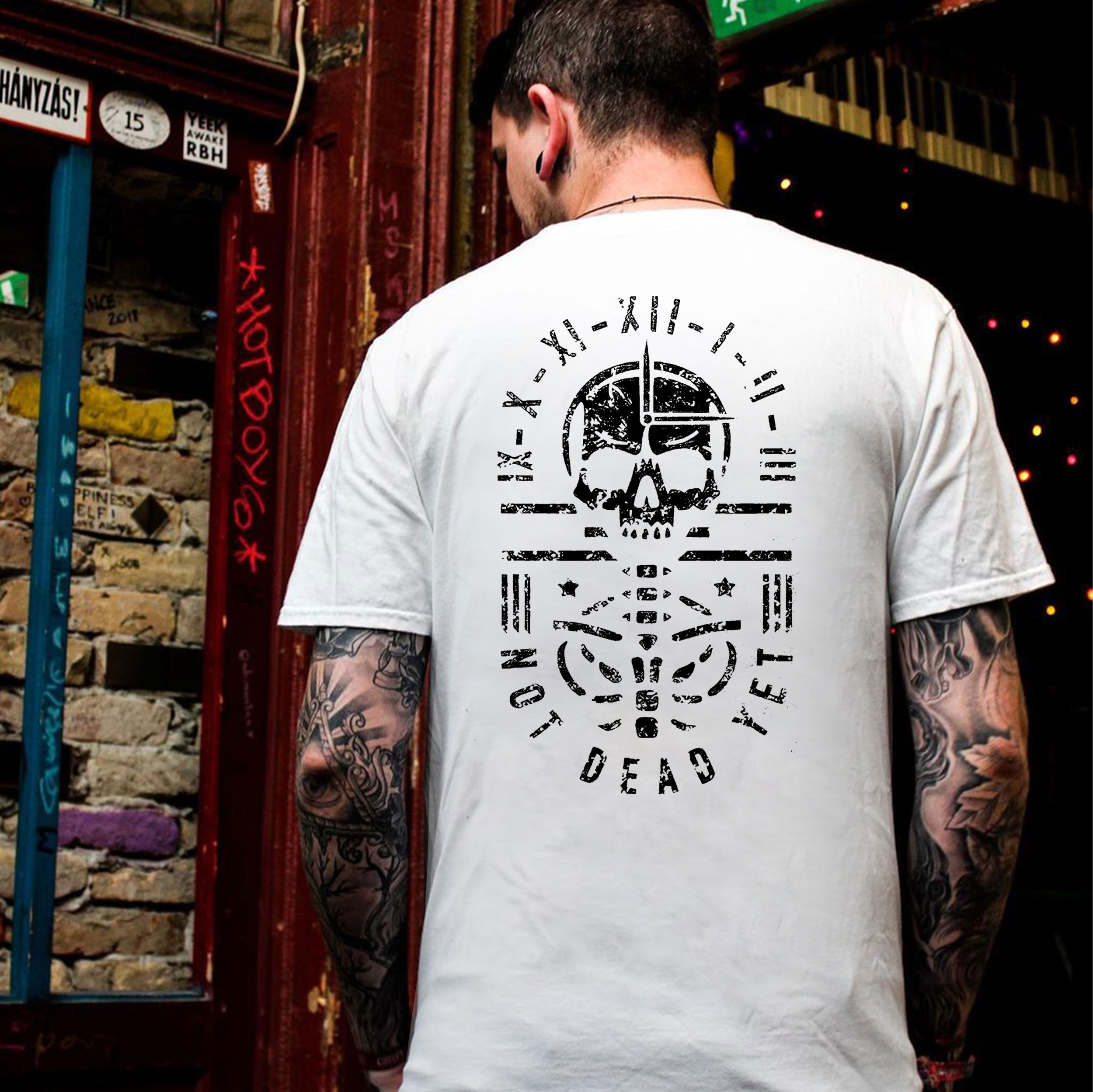 NOT DEAD Skull Faded Pattern Casual White Print T-shirt