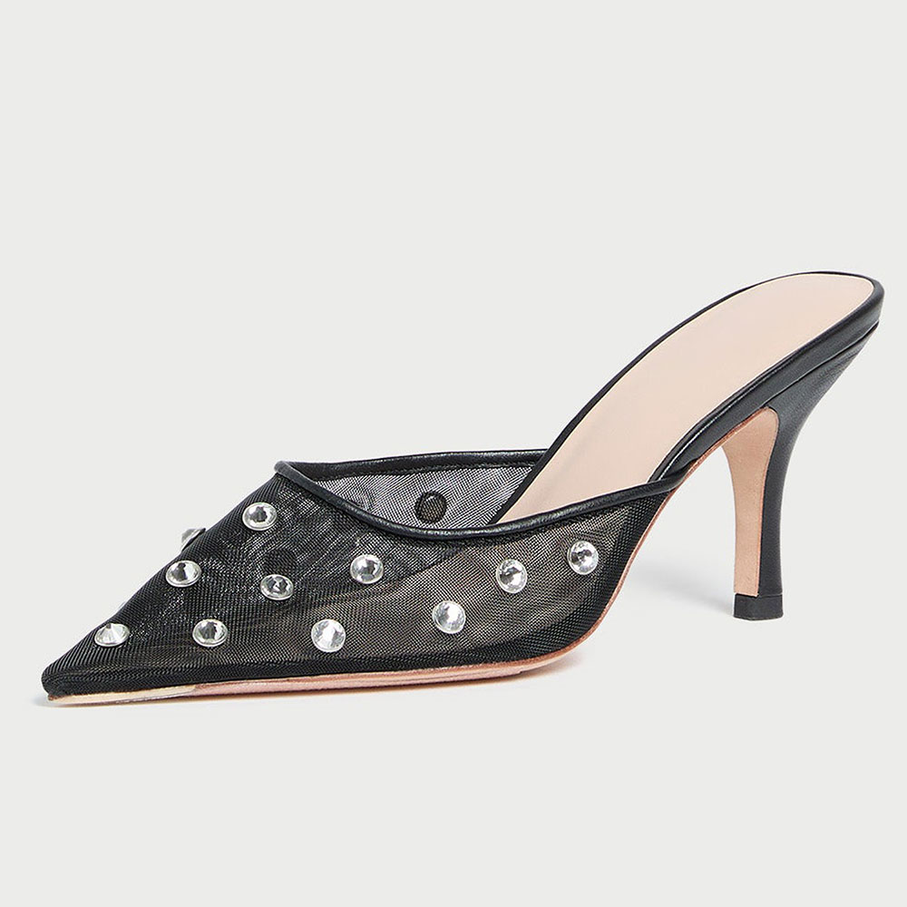 Women's Black Pointed Toe Rhinestone Embellished Mesh Mule Heels