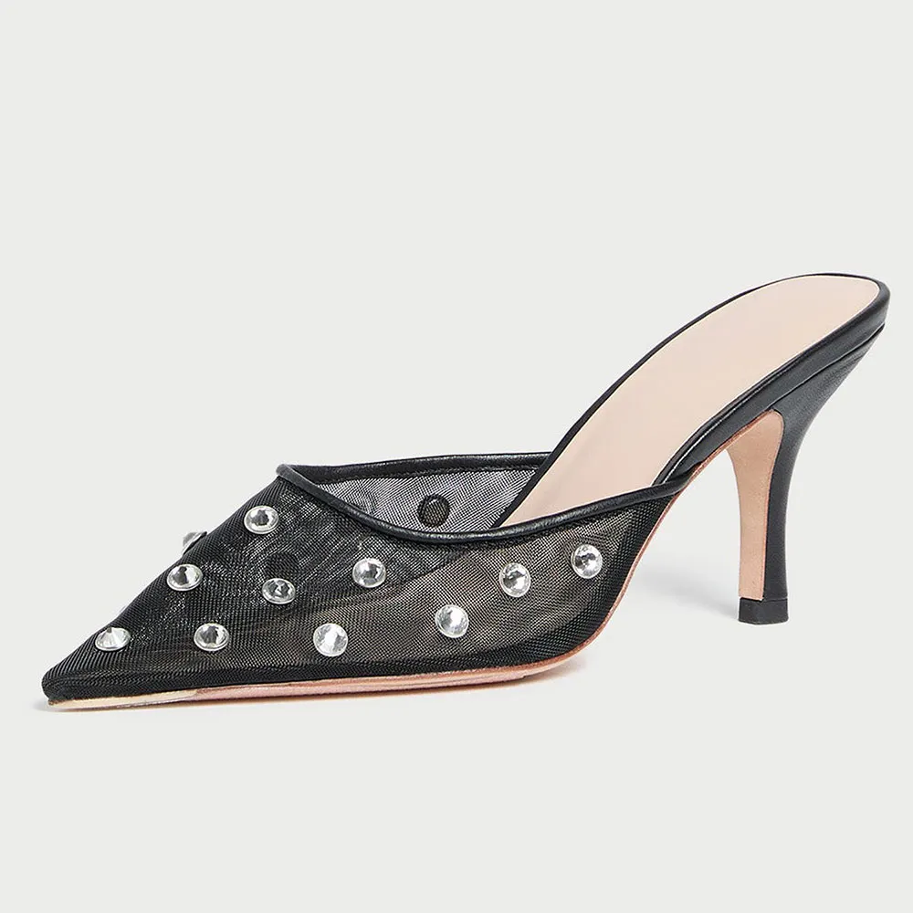 Women's Black Pointed Toe Rhinestone Embellished Mesh Mule Heels