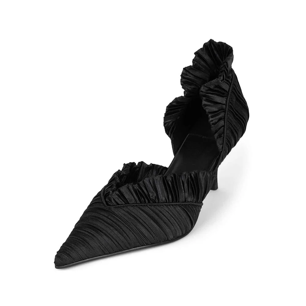 Black Satin Pointed Toe Kitten Heel Ruched Ruffle Elegant Pumps
