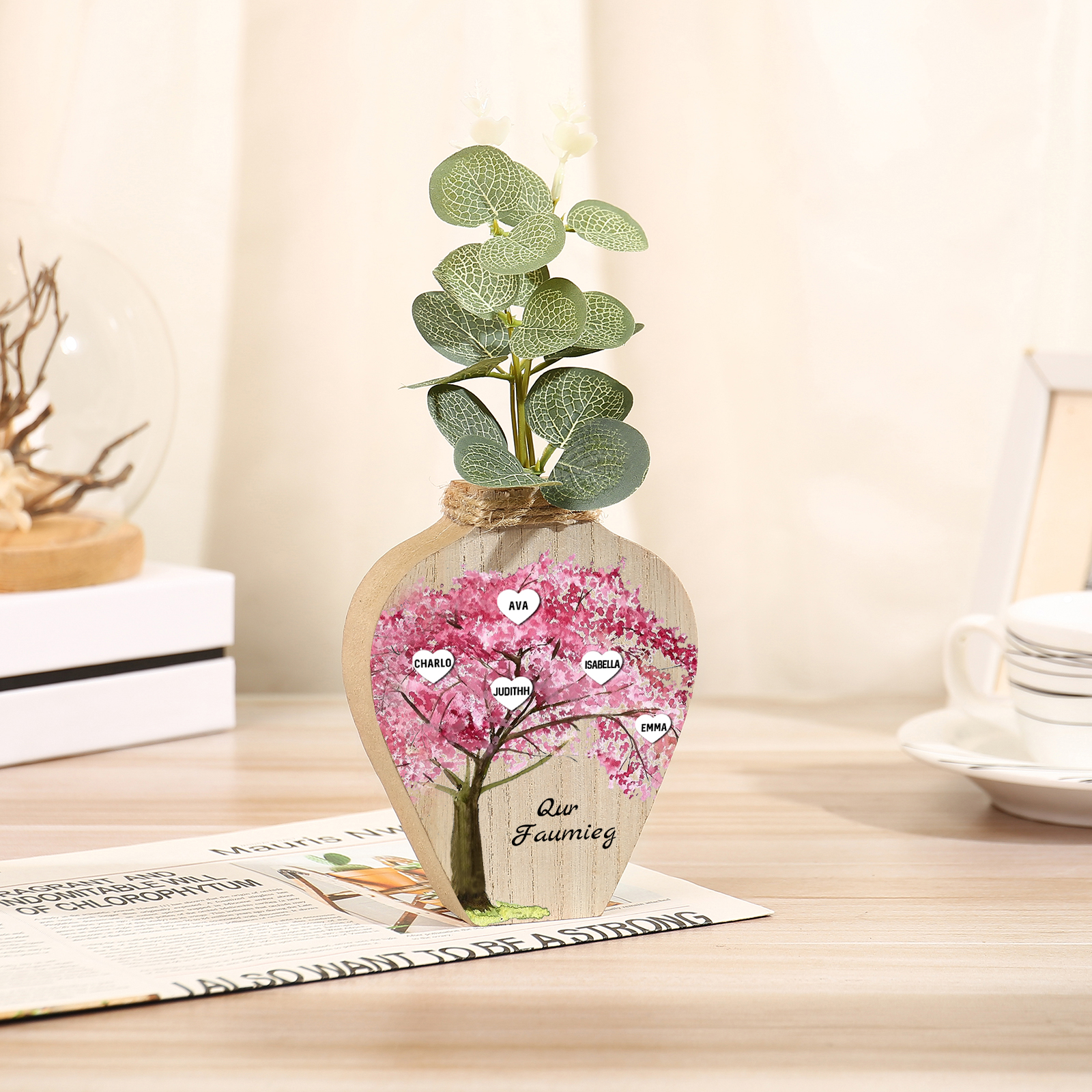 Pink Family Tree Personalized 5 Names & 1 Text Custom Wooden Vase with ...