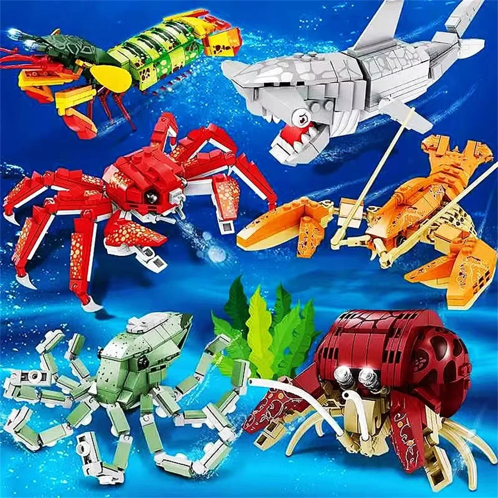 6-in-1 marine life building blocks set: mantis shrimp, shark, octopus ...