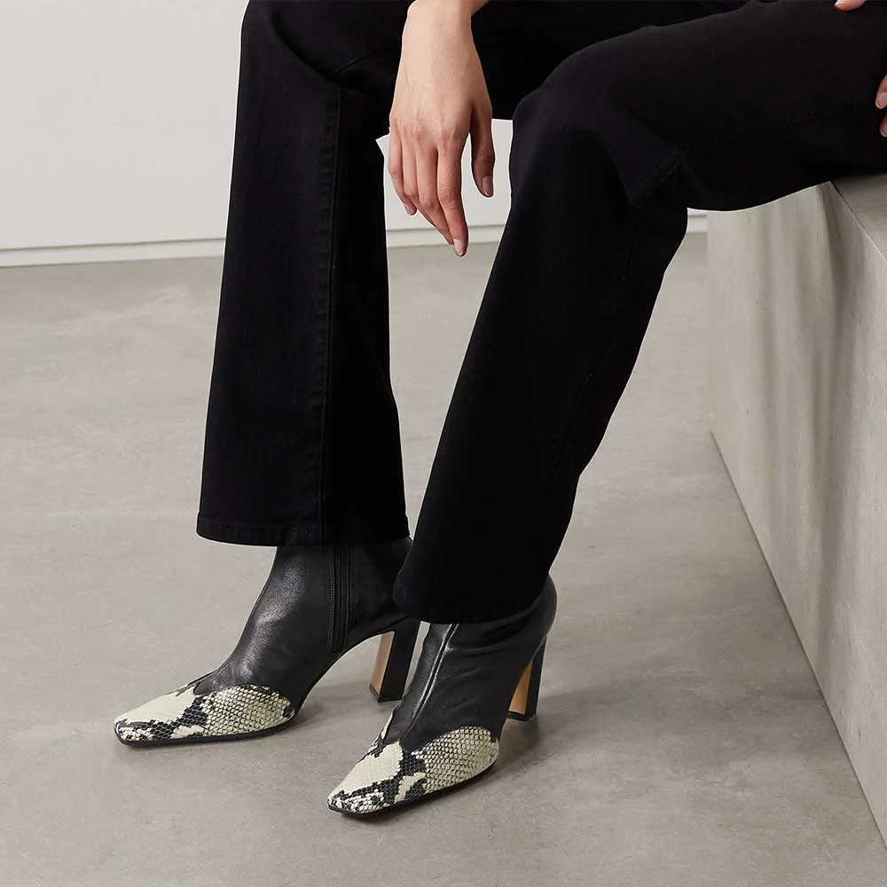 Black Square Toe Chunky Heel Python Patchwork Ankle Boots for Women