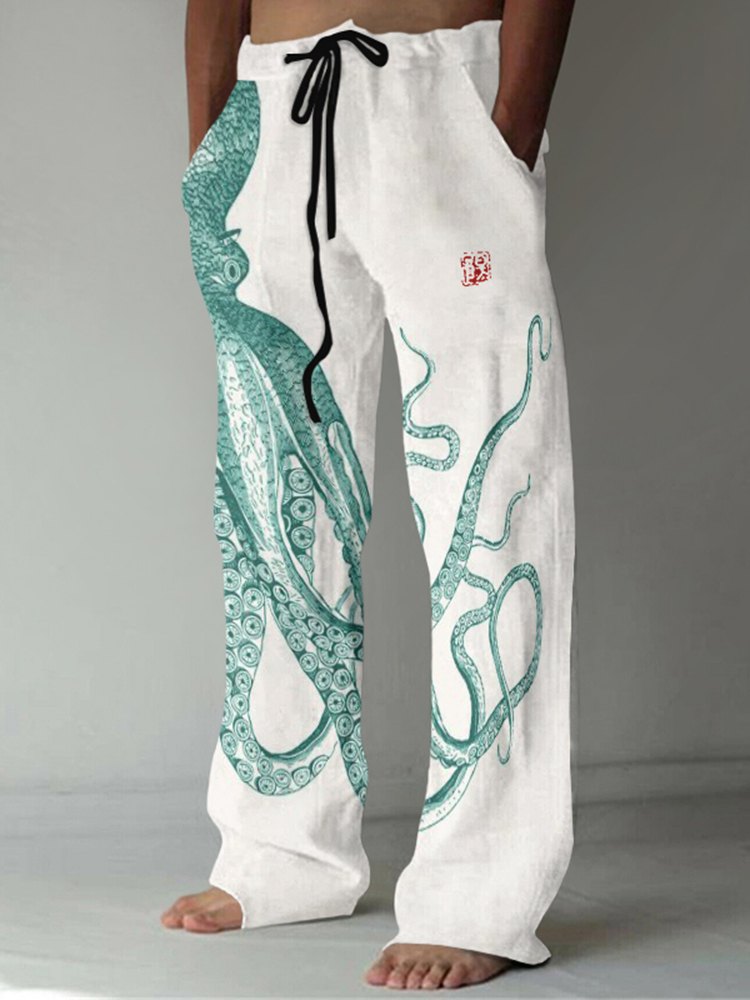 Japanese Art Octopus Sea World Graphic Painting Art Linen Blend Pants