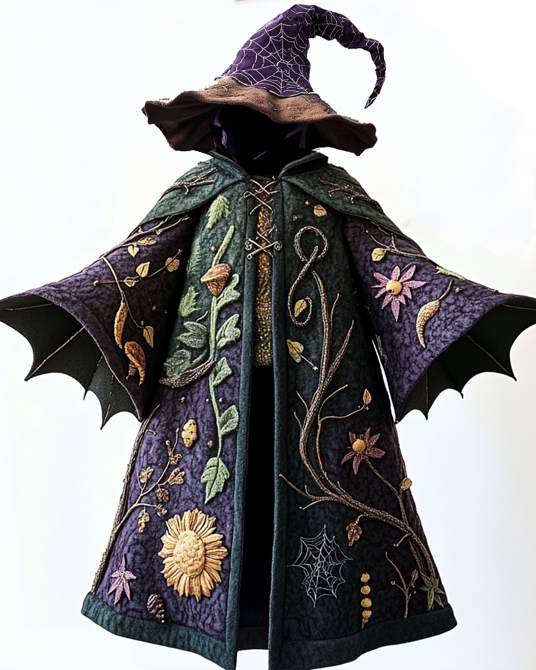 Wizard Batwing leaf embroidery hooded robe db36