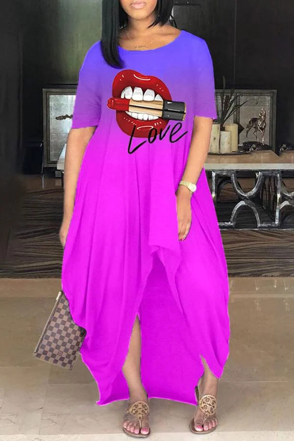 Gradient Lip Print Slit Maxi Dress