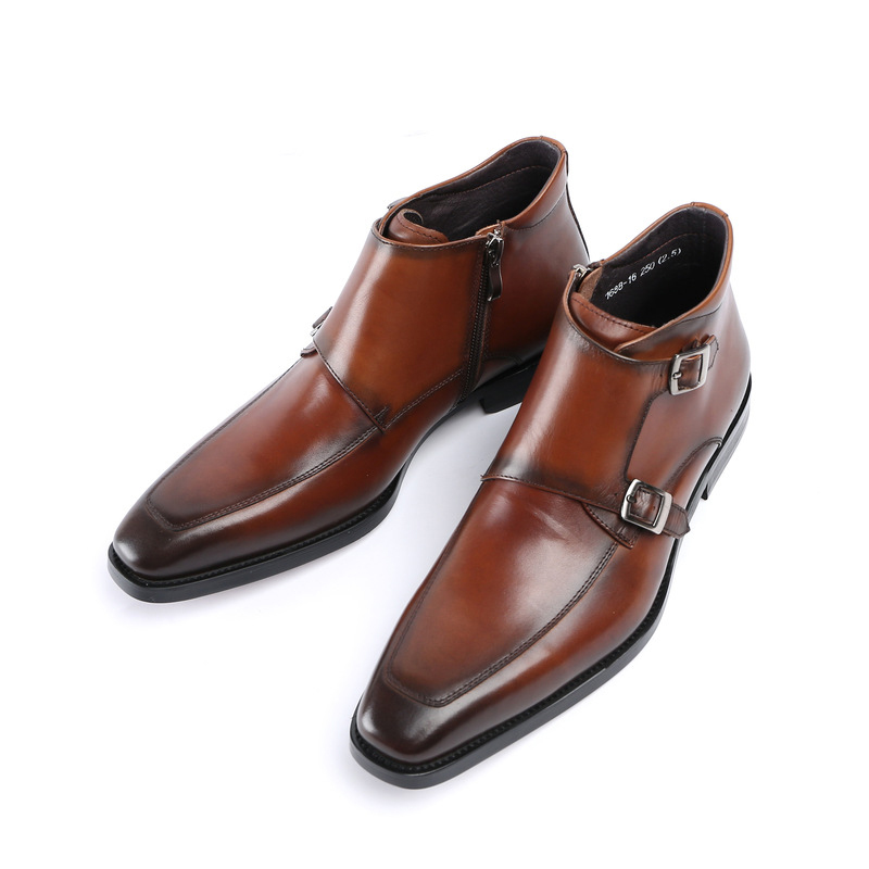 Luxury Mens Brown Leather Dress Boots - Double Monk Strap