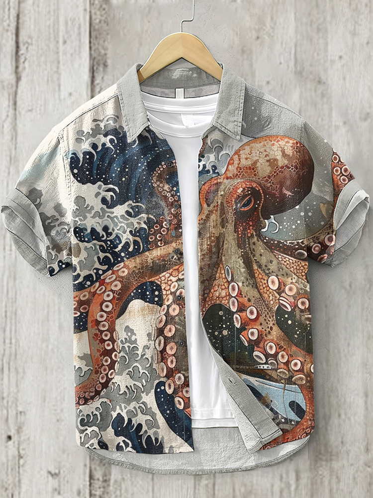 Funbibi Men's Vintage Japanese Art Octopus Short Sleeve Linen Blend Shirt