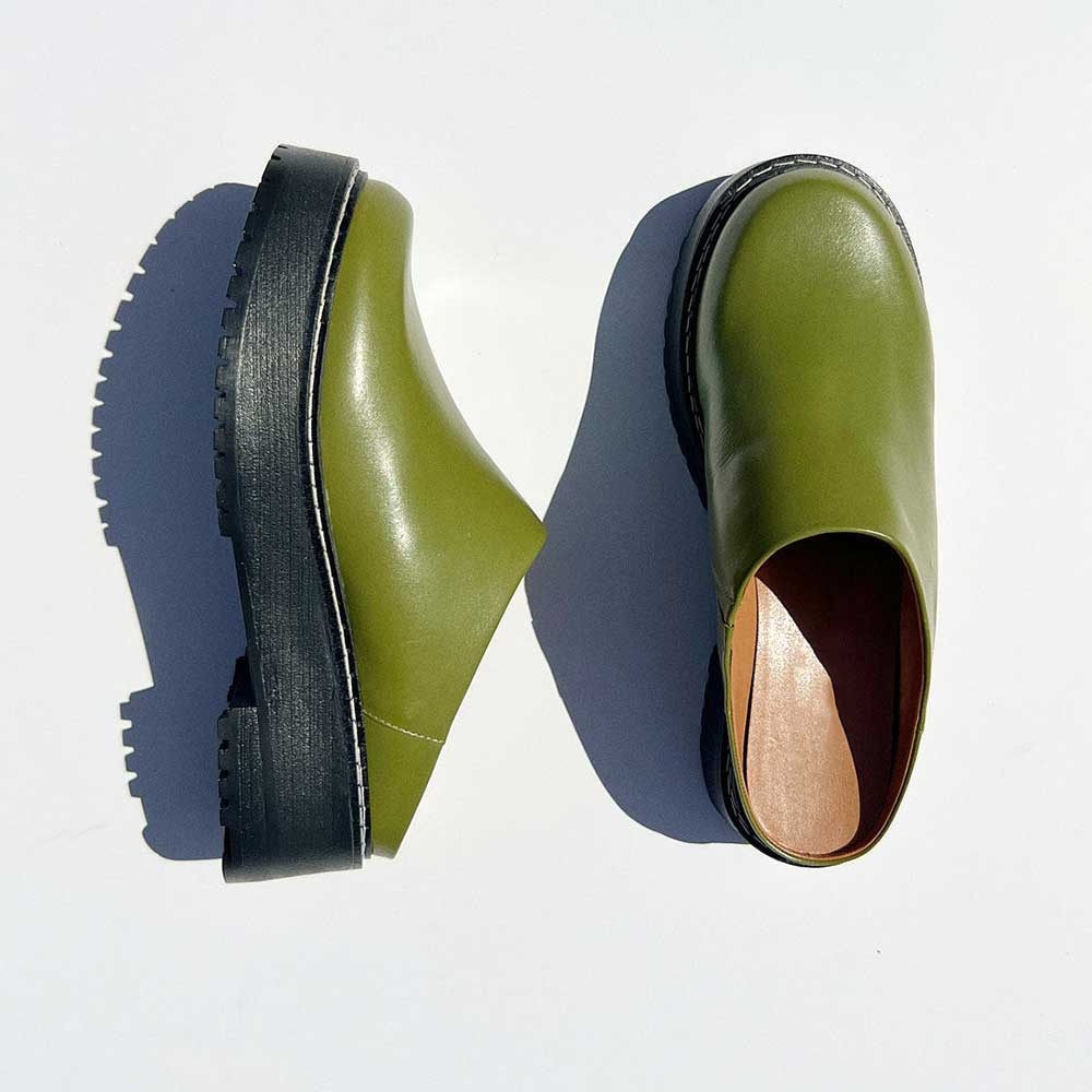 Green Round Toe Chunky Heel Lug Sole Platform Mules for Women
