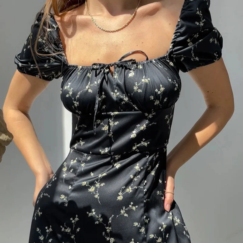 FLORAL SIDE SLIT PUFF SLEEVE LONG DRESS