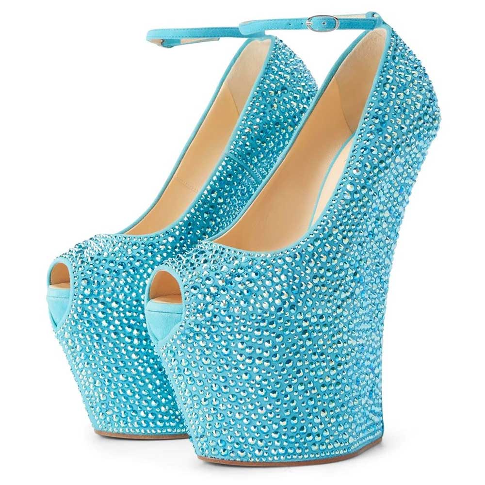 Simpson Peep Toe Crystal Embellished Ankle Strap Platform Wedge Pumps ...